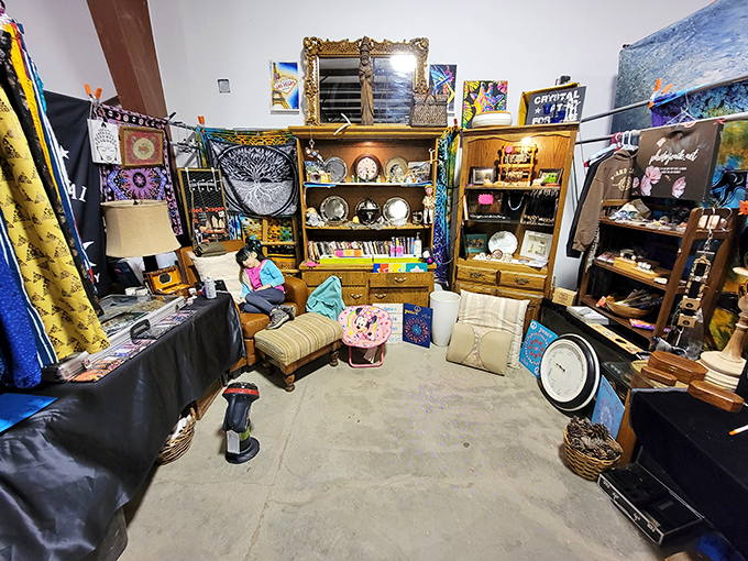 Step into someone's carefully curated corner of nostalgia. This booth feels like the living room of that cool aunt who traveled everywhere and kept everything.