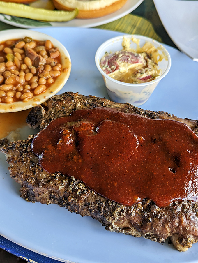BBQ ribs so tender they practically surrender at the sight of your fork. Those baked beans aren't playing second fiddle either.
