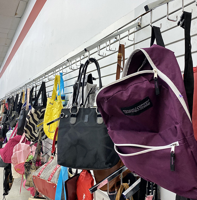 Handbags hanging like colorful fruit ready to be plucked by savvy shoppers with discerning taste.