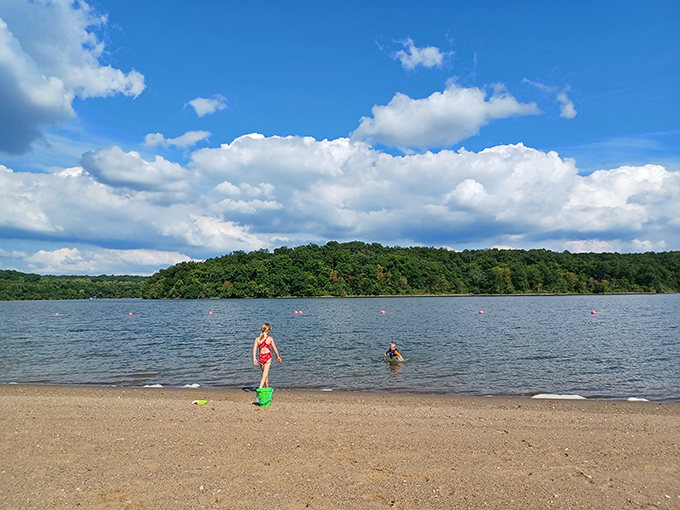 Beach day in the heartland! Who needs ocean waves when you've got this pristine shoreline and Midwestern sunshine?