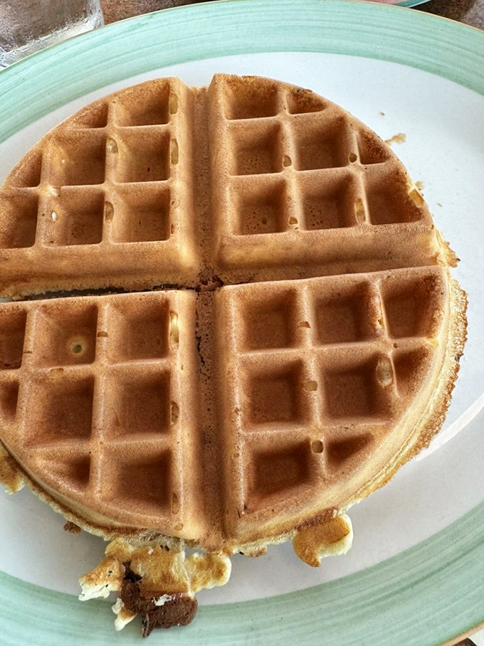 The Belgian waffle arrives like edible architecture—perfectly formed squares creating syrup reservoirs that would make civil engineers proud.