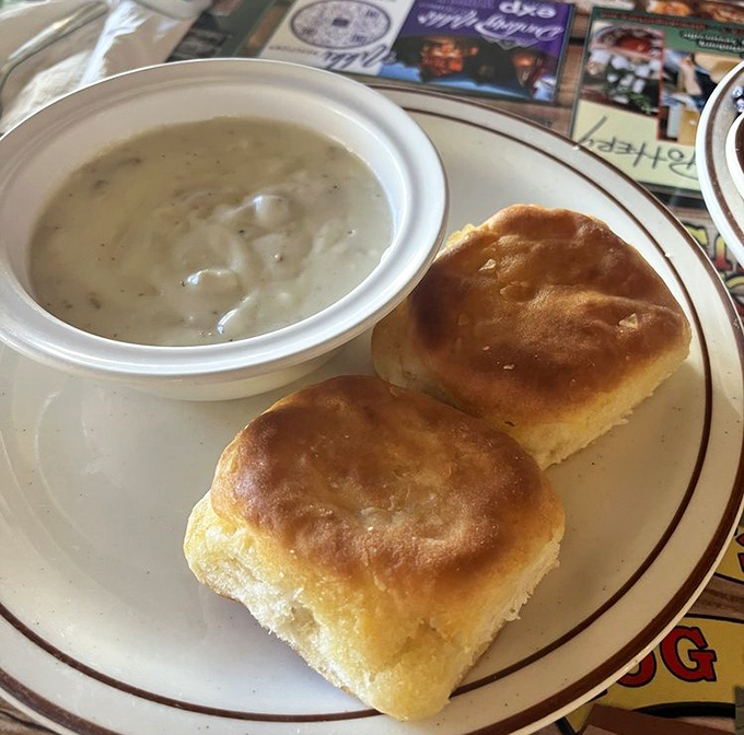Golden-brown biscuits alongside creamy, pepper-flecked gravy&mdash;a Southern handshake that says "welcome home" even if you're just visiting.