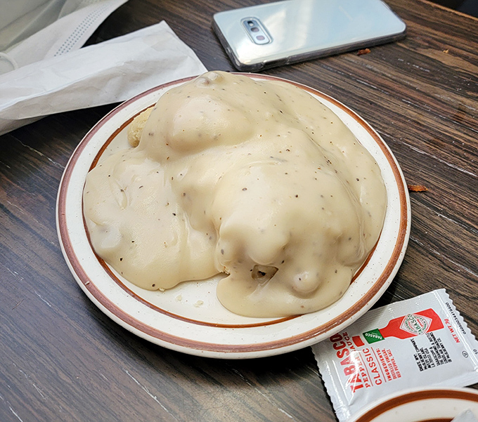 Behold the legendary biscuits and gravy&mdash;a cloud-like biscuit swimming in peppery, sausage-studded gravy that might just be worth the entire desert drive.