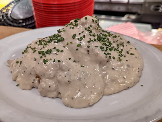 Behold the holy grail of comfort food! This creamy biscuits and gravy masterpiece, sprinkled with fresh chives, is what breakfast dreams are made of.