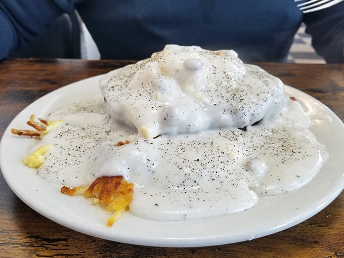 Behold the crown jewel: biscuits and gravy so generously portioned they deserve their own zip code. That pepper-speckled gravy is practically winking at you.