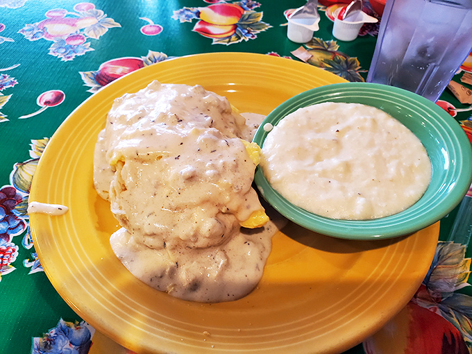 Behold the holy grail: towering biscuits drowning in gravy that could make angels weep with joy.