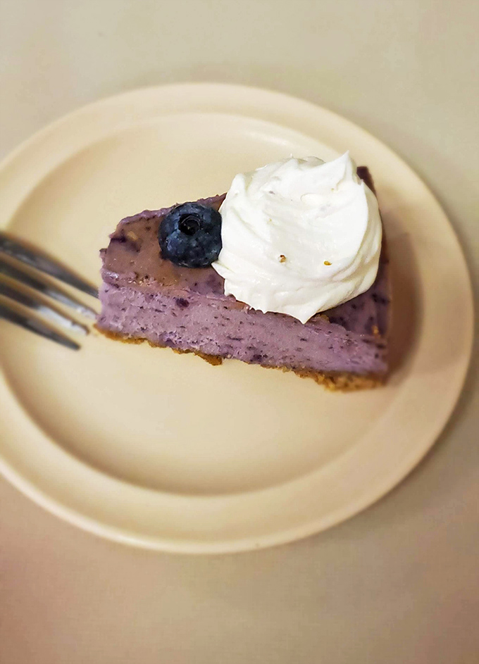This isn't just blueberry cheesecake; it's a purple poem of creamy perfection that makes you wonder why you'd ever waste calories on lesser desserts.