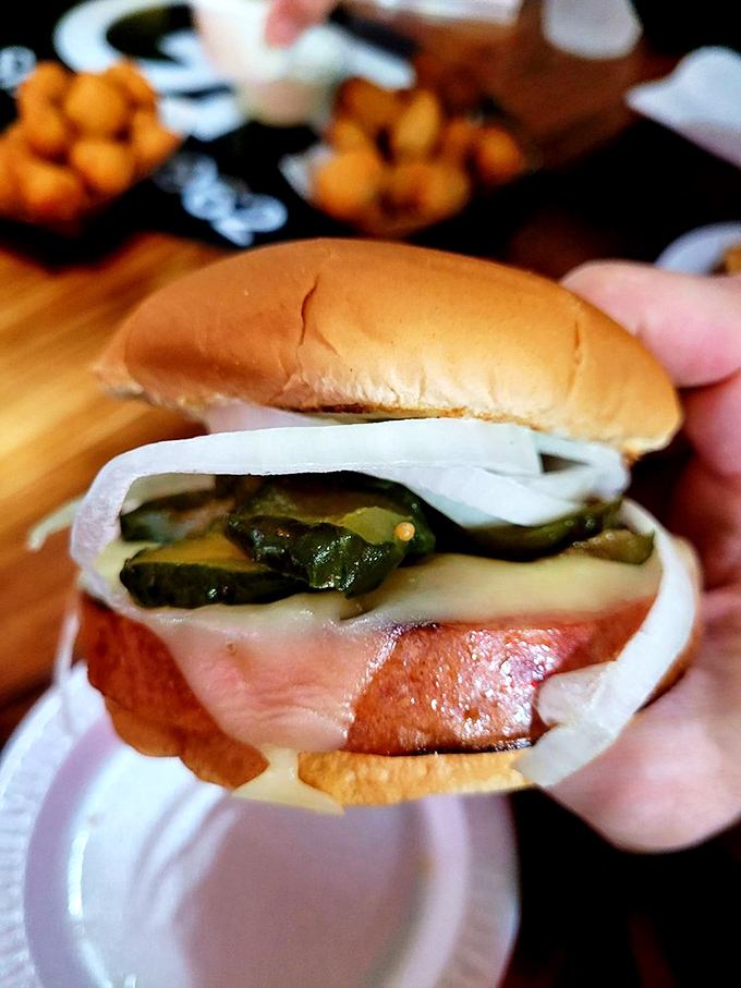 Behold the star of the show! Thick-cut bologna with crispy edges, melty cheese, crunchy pickles, and fresh onion on a pillowy bun&mdash;proof that perfection needs no complexity.
