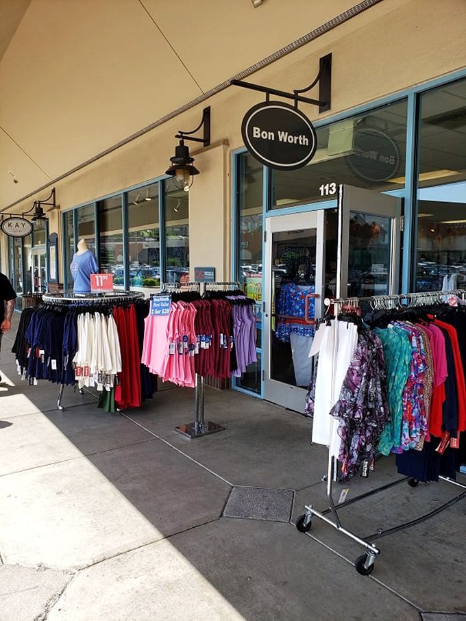 Sidewalk sales at Bon Worth create an irresistible lure for passersby. Nothing says "bargain" quite like clothing racks stationed outside the door.
