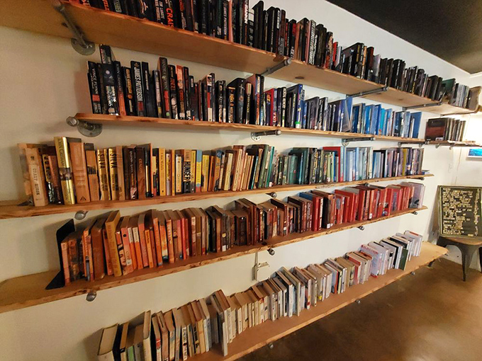 Color-coded bookshelves that would make any librarian swoon. Here, literary treasures are organized with the care of a museum but priced like a garage sale.