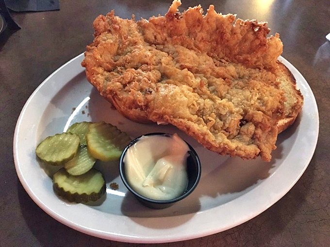 The crown jewel of Indiana cuisine, displayed in all its golden-fried glory. This tenderloin isn't just bigger than the bun—it's threatening to annex neighboring counties.
