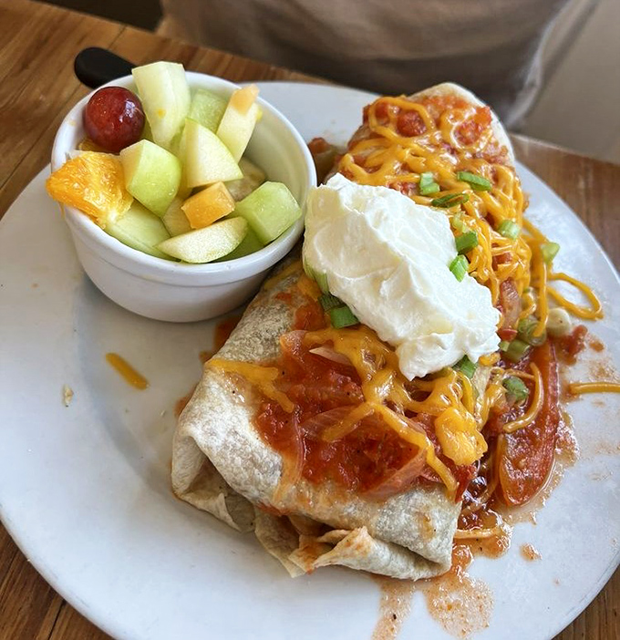 Breakfast burritos that don't need Instagram filters &ndash; just real cheese melting over savory fillings with fresh fruit that actually tastes like fruit.