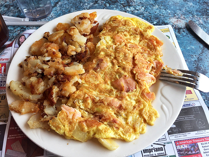 Breakfast perfection on a plate&mdash;a ham and cheese omelet that's seen the inside of a properly hot pan, with home fries crisped to golden glory.