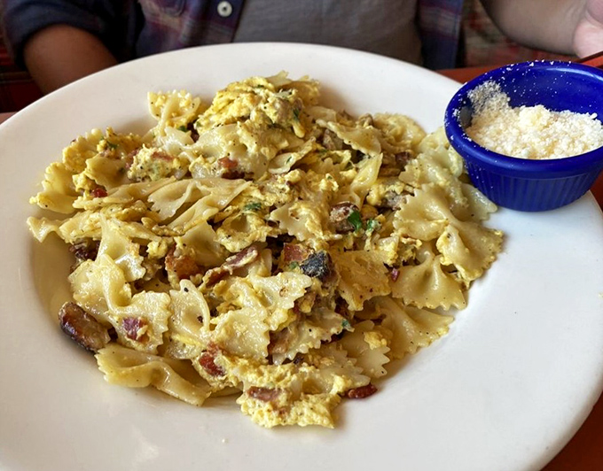 Breakfast pasta that defies convention &ndash; farfalle dancing with eggs and bacon in a morning symphony that makes you question why you ever settled for cereal.