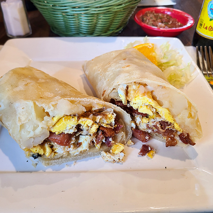 Behold the legendary breakfast burrito in all its glory &ndash; eggs, bacon, and potatoes wrapped in tortilla perfection. This is morning nirvana.