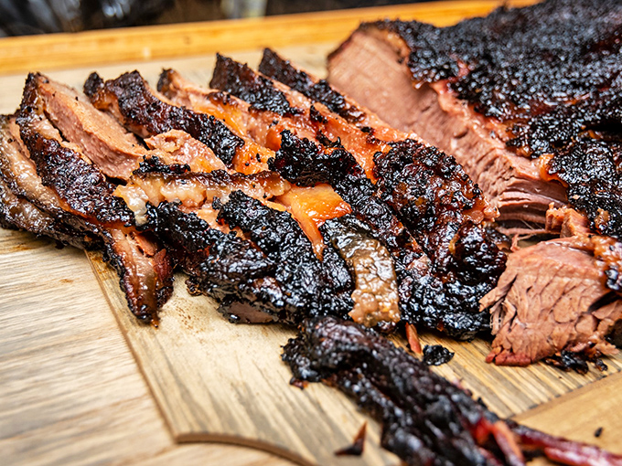 Behold the money shot &ndash; brisket with a bark so perfect it deserves its own Instagram account. That smoke ring isn't just pink, it's practically blushing with pride.