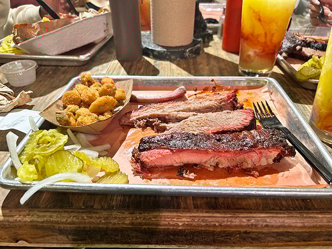 Brisket with that perfect pink smoke ring and crispy fried okra—a Texas plate so beautiful it deserves its own country song.