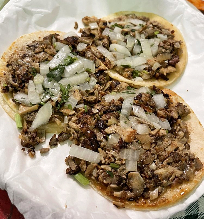 Simple yet profound—corn tortillas cradling perfectly seasoned meat, topped with the holy trinity of onion, cilantro, and truth. No Instagram filter required.