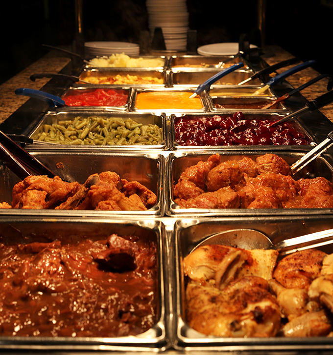 Food soldiers standing at attention, ready for your plate's deployment. This buffet line is the United Nations of comfort cuisine.