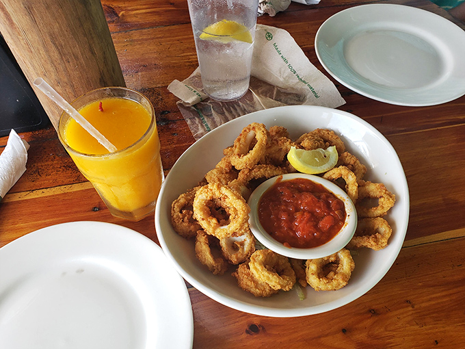 Golden-fried calamari rings surround a zesty dipping sauce – crispy perfection that makes sharing this appetizer both a delight and a potential friendship test.