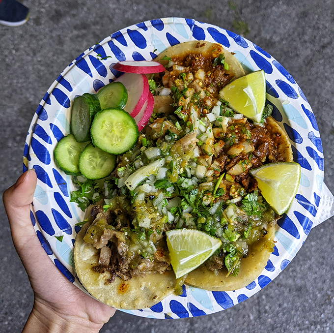 A blue plate special that's actually special&mdash;tacos adorned with fresh cilantro, onion, and lime wedges that make every bite a celebration.