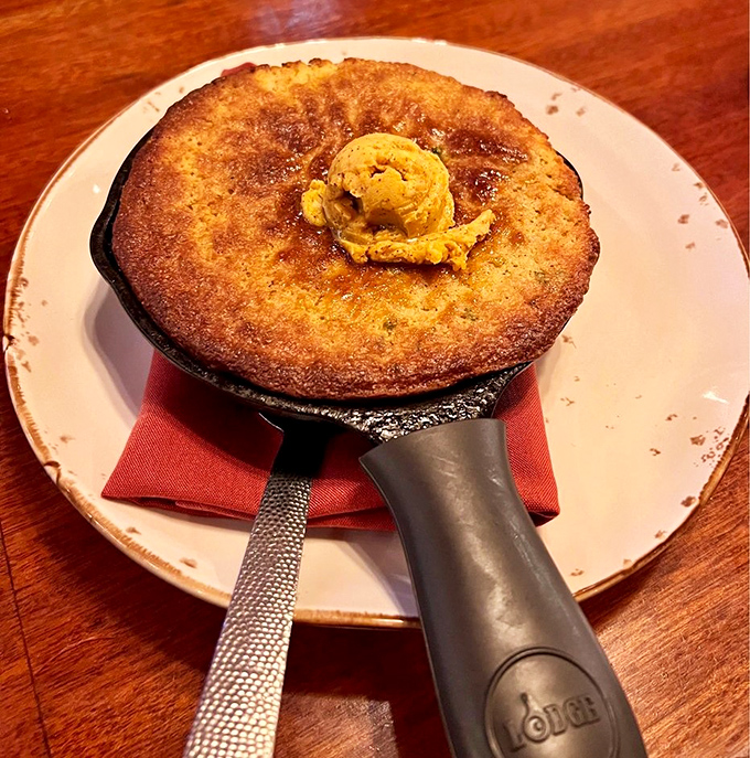Golden, crusty perfection in cast iron &ndash; this cornbread isn't just a side dish, it's practically the main event with that melting honey-chipotle butter.