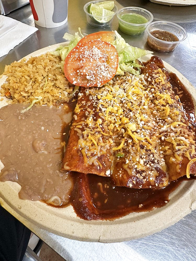 Red sauce cascading over cheese-stuffed enchiladas like lava from a delicious volcano, with rice and beans standing by for the aftermath.