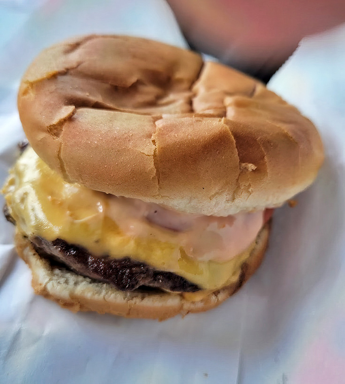 This isn't just a cheeseburger; it's edible nostalgia on a bun, where melty American cheese meets a perfectly seasoned patty.