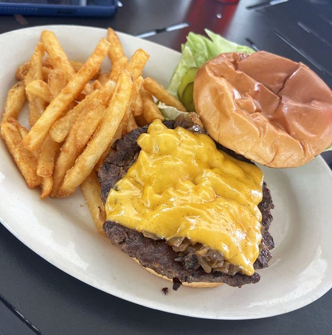 Behold the classic cheeseburger in its natural habitat—perfectly melted cheese cascading down a juicy patty like a yellow waterfall.