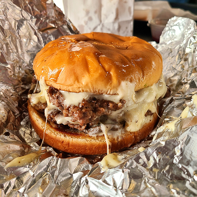 Behold the star of the show &ndash; a perfectly melted cheese blanket hugging a seasoned patty. Napkins required, no negotiations.