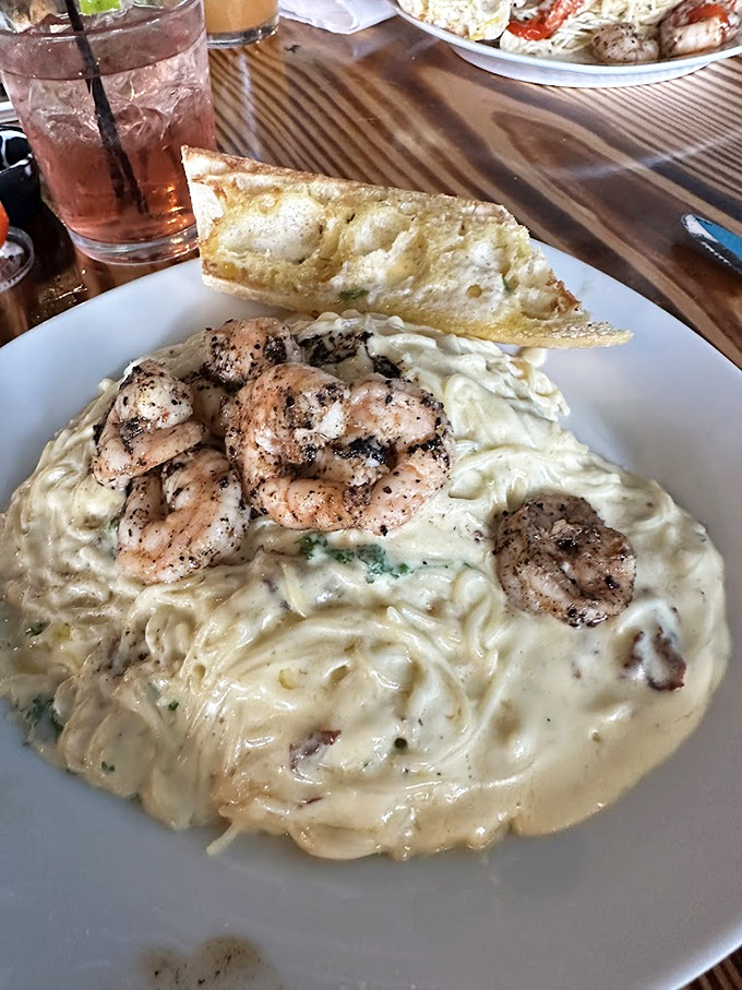Creamy pasta heaven topped with perfectly seasoned shrimp. This plate makes you understand why some people propose to their food. 