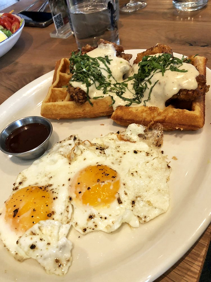 Heaven exists, and it's served on a plate at Tupelo Honey. Those perfectly fried chicken pieces lounging atop golden waffles with sunny-side eggs playing sidekick.