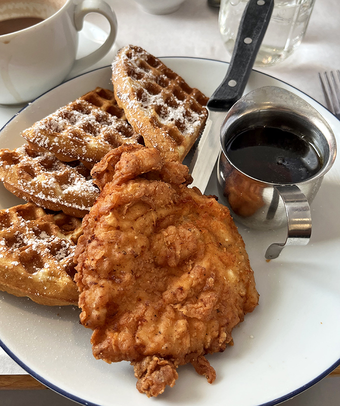 The star of the show: golden-fried chicken with perfect waffles. A harmony of crispy, fluffy, sweet, and savory that makes mornings worthwhile.
