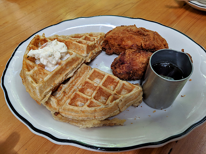 Golden waffles meet perfectly fried chicken in this heavenly marriage of sweet and savory. 