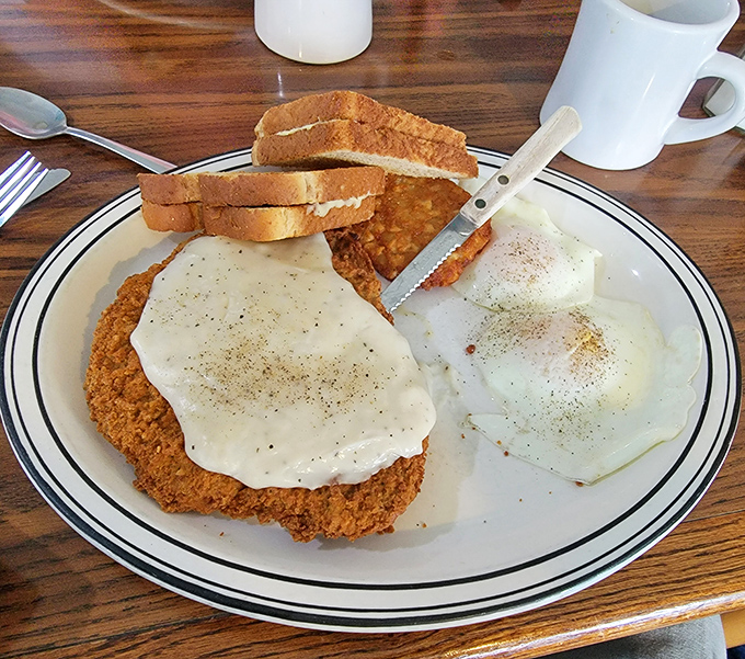 Country-fried steak wearing a blanket of white gravy alongside perfectly runny eggs&mdash;this is the breakfast equivalent of a warm hug.