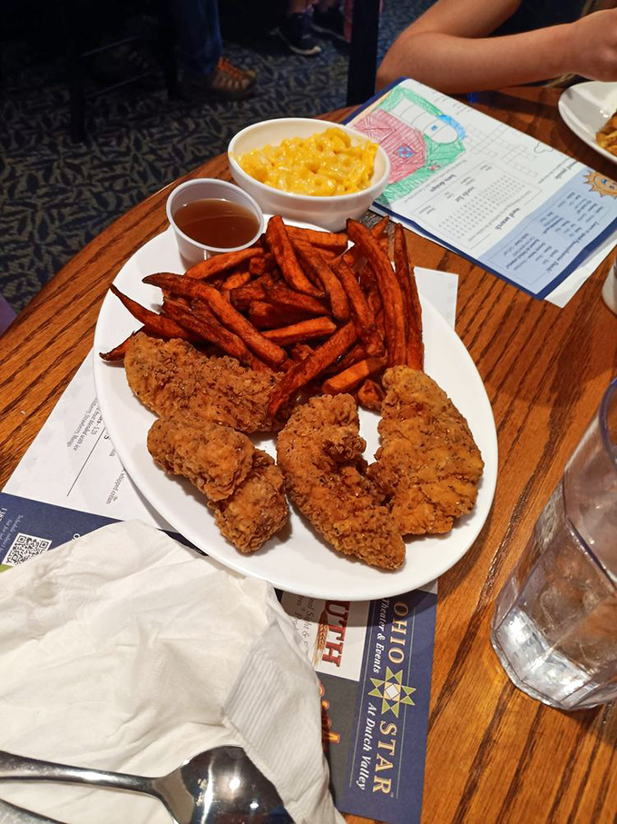 These chicken tenders aren't just crispy&mdash;they're having a meaningful relationship with those sweet potato fries. A match made in Amish Country heaven.