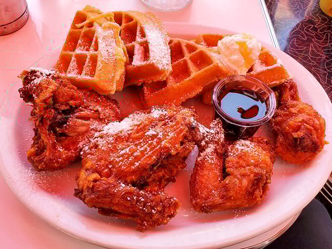 Golden chicken meets fluffy waffle perfection - breakfast and dinner having their most delicious argument ever.