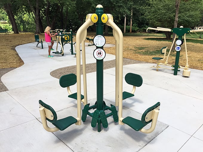 Even exercise equipment gets the historical treatment in Marietta's parks, where modern fitness meets small-town charm under shady trees.