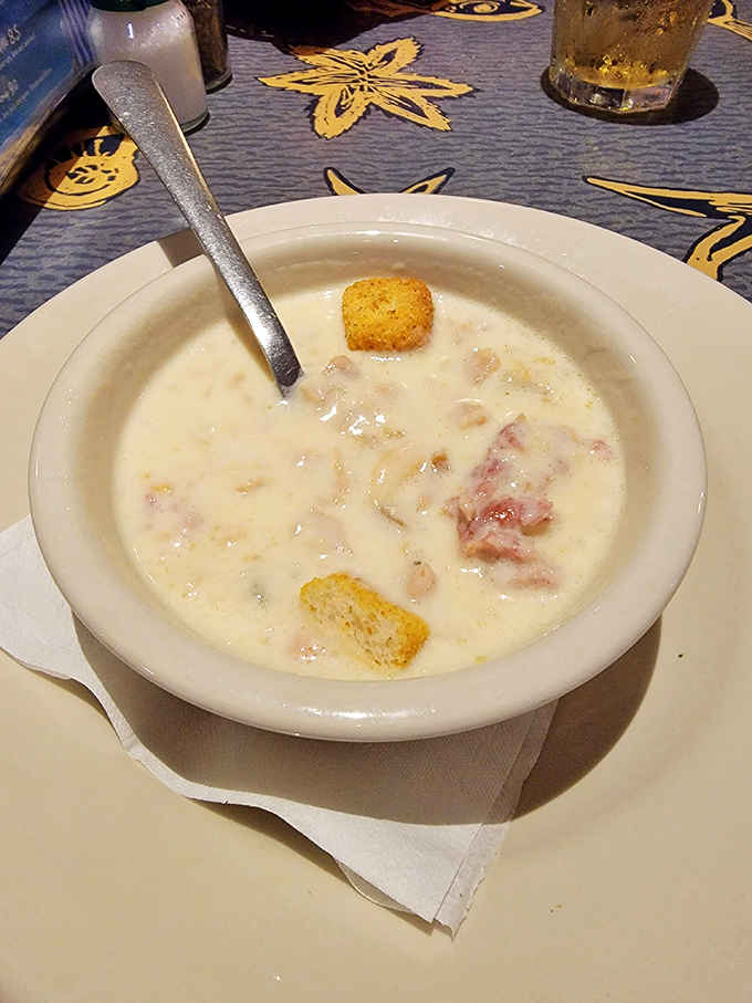 The legendary clam chowder arrives like a creamy cloud dotted with tender clams and potatoes&mdash;comfort in a bowl that's worth crossing county lines for.