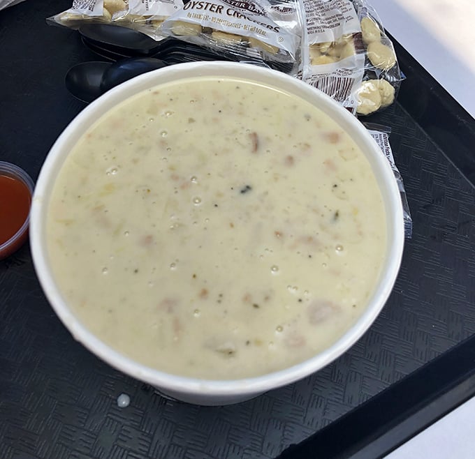 Behold, the legendary clam chowder in all its creamy glory. Those little lumps? Actual clams, not just theoretical ones. Oyster crackers standing by.