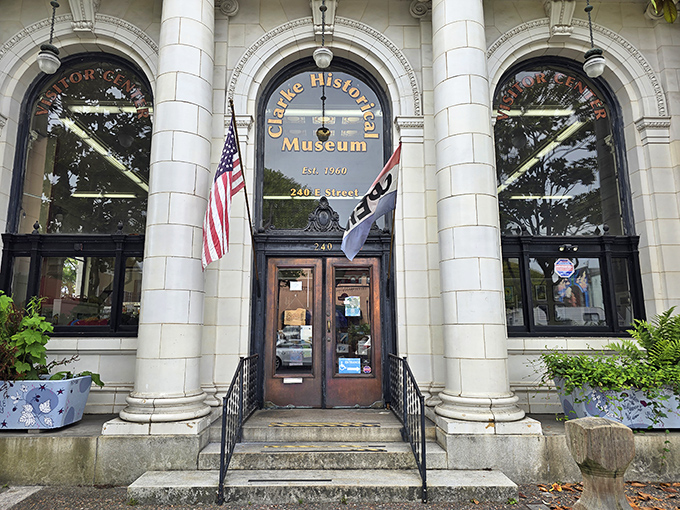 The Clarke Historical Museum's grand entrance promises treasures within. Those columns aren't just supporting the building&mdash;they're holding up centuries of local history.