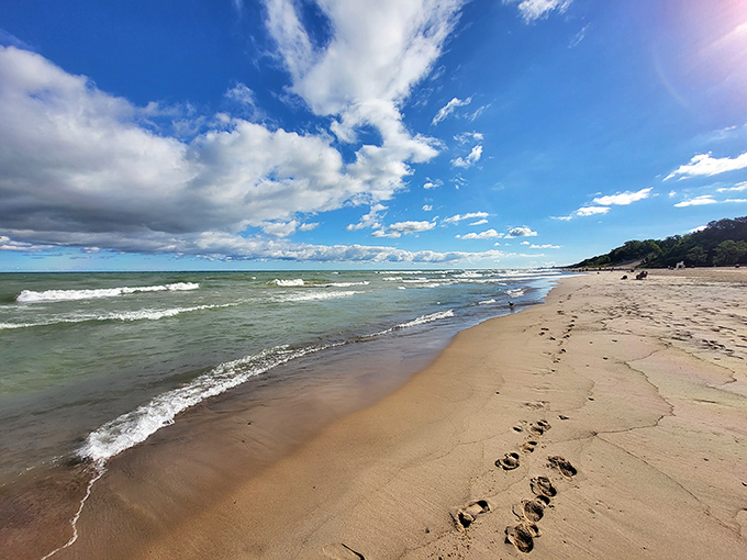 Mother Nature's footprints in the sand. Each wave leaves its temporary signature on the shore, a gentle reminder of Lake Michigan's constant presence.
