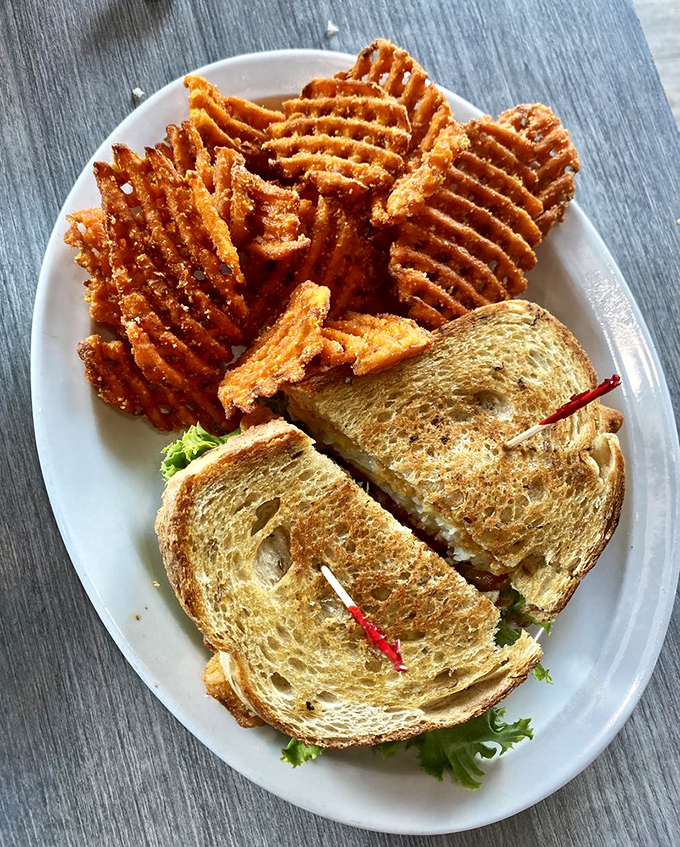 Sandwich architecture at its finest! Golden-brown bread embracing mysterious delights, with those waffle-cut sweet potato fries standing at attention like delicious soldiers.