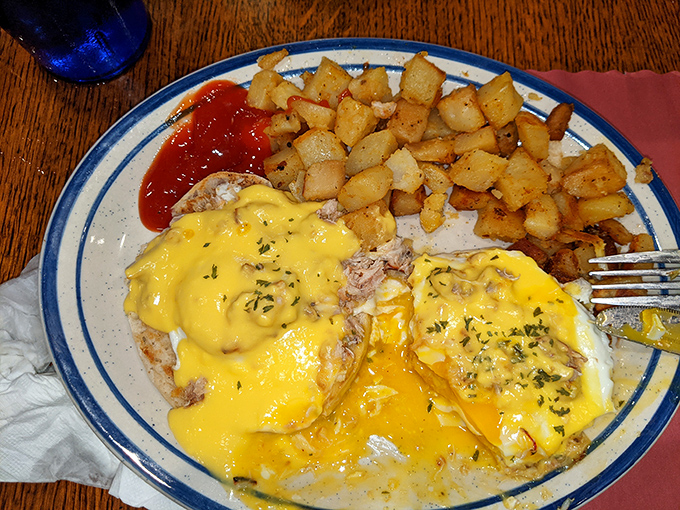 Eggs Benedict gets the Maryland treatment with generous crab meat and hollandaise that flows like liquid gold. Those home fries deserve their own fan club.