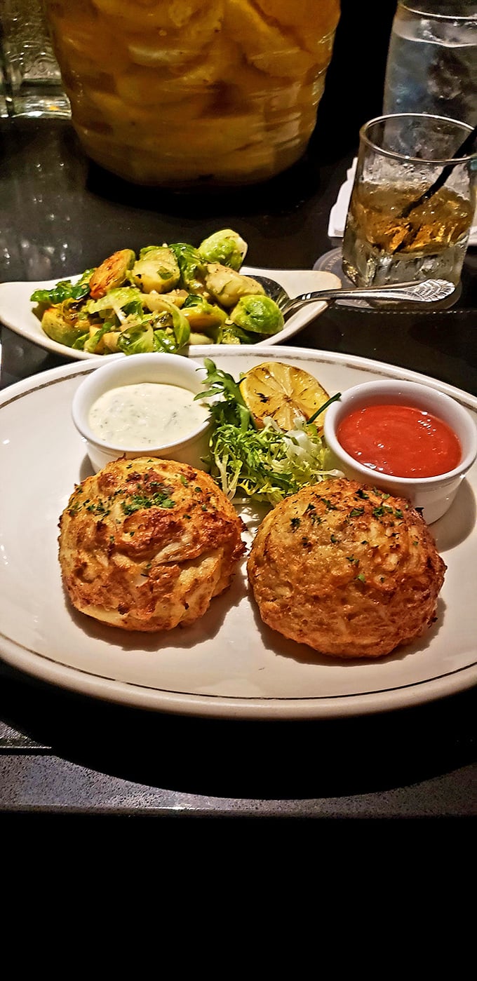 Maryland crab cakes so packed with sweet lump meat, they make you wonder why anyone bothers with fillers. Like a crab won the lottery and bought itself a golden jacket.