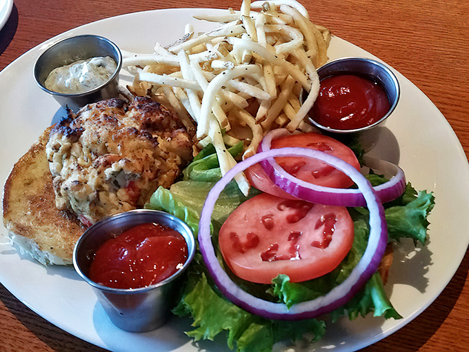 This crab cake sandwich doesn't play hide-and-seek with the crab—it's a generous patty of mostly seafood that makes you question your GPS coordinates.