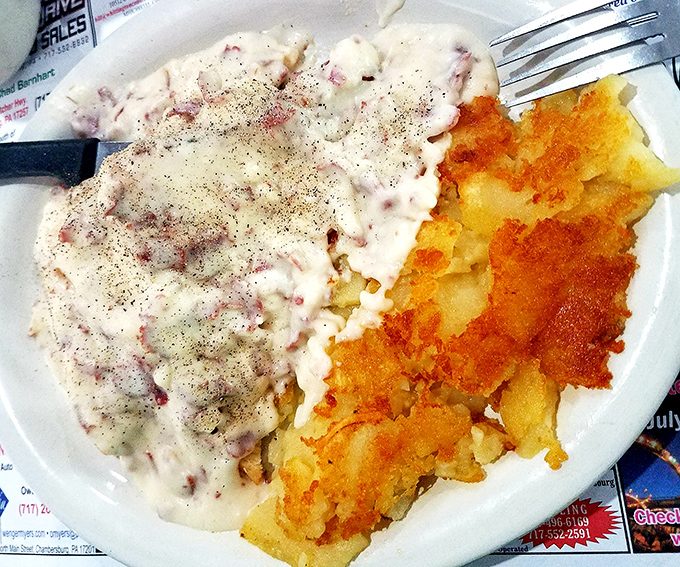 Creamed chipped beef that would make your military grandpa weep with joy. Velvety sauce blankets tender beef alongside golden home fries.