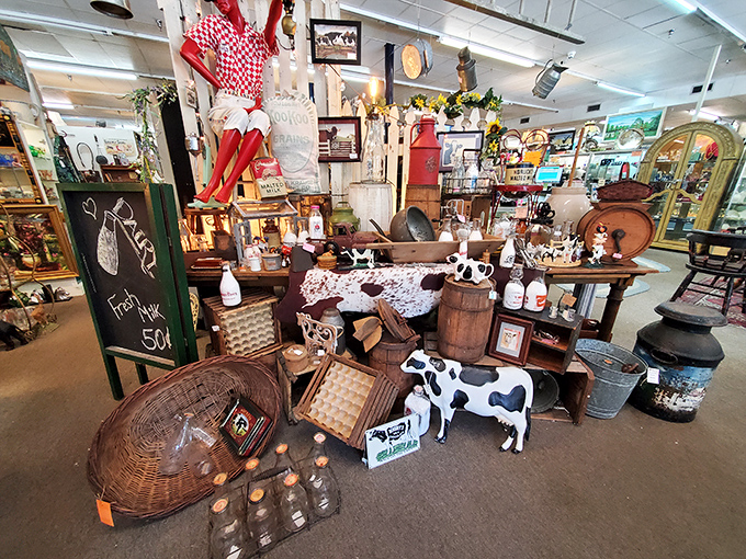 Farmhouse chic meets bovine boutique in this charming display. Even the cow figurines seem to be saying, "We're utterly irresistible!"