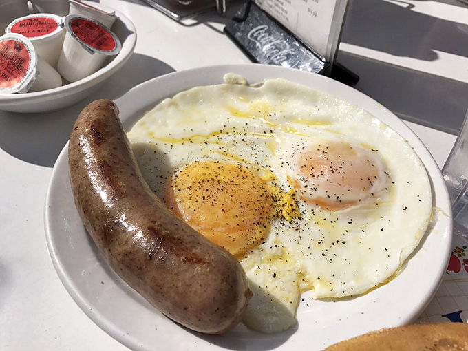 Breakfast sausage that demands respect. This plump beauty shares the plate with eggs that seem to wink at you with sunny optimism.