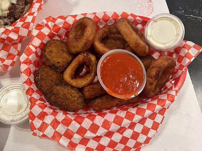 This basket of golden-fried goodness could make the Fonz give two thumbs up. Crispy onion rings and deep-fried delights await your dipping pleasure.